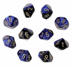 chessex dice sets: gemini black & blue with gold - ten sided die d10 set (10)