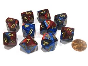 chessex dice sets: gemini blue & red with gold - ten sided die d10 set (10)