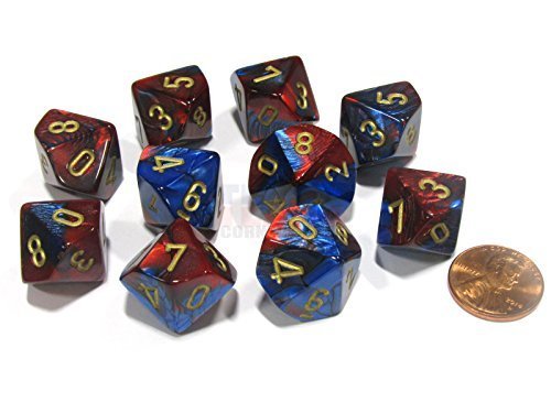 Chessex Dice Sets: Gemini Blue & Red with Gold - Ten Sided Die d10 Set (10)