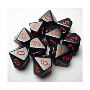 chessex dice sets: opaque black with red - ten sided die d10 set (10) (26218)