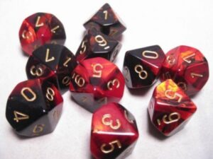 chessex dice sets: gemini black & red with gold - ten sided die d10 set (10)