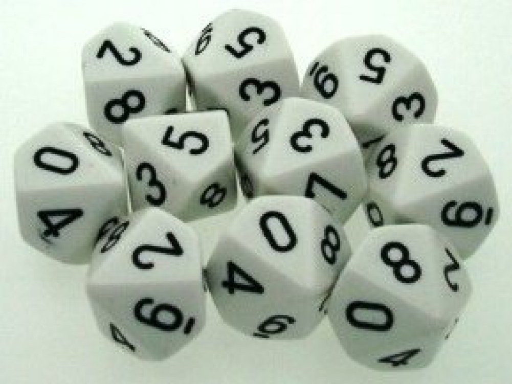 Chessex Dice Sets: Opaque White with Black - Ten Sided Die d10 Set (10)