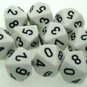 Chessex Dice Sets: Opaque White with Black - Ten Sided Die d10 Set (10)