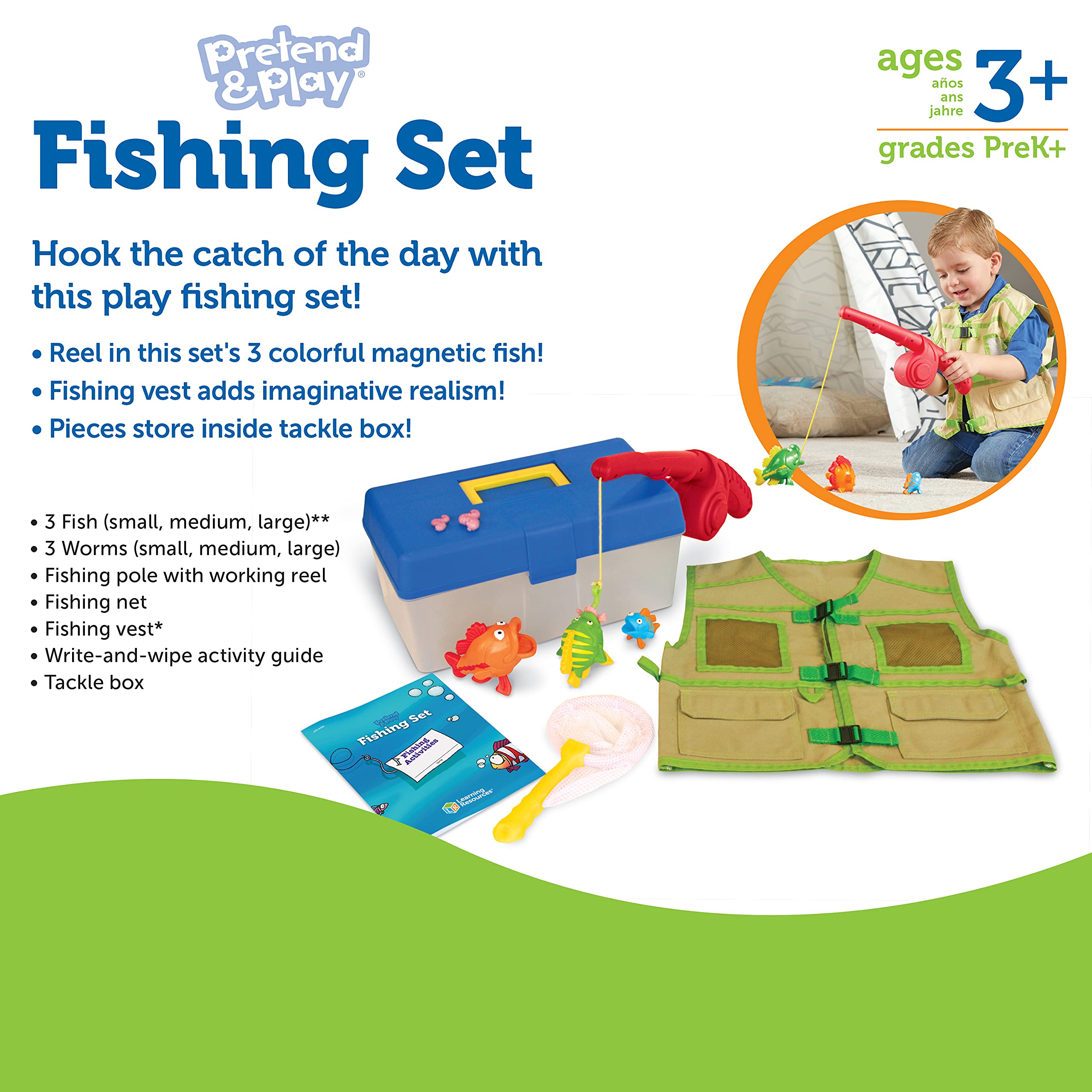 Learning Resources Pretend & Play Fishing Set - 11 Pieces, Ages 3+ Toddler Pretend Play Toys, Preschool Learning Toys, Fishing Pole for Kids, Fisherman Costume