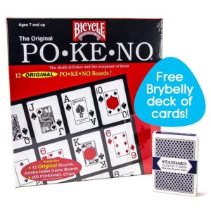 bicycle po-ke-no (pokeno) card game set | 12 player cards, playing board, chips 200 po-ke-no, 2 bicycle decks of playing cards red and blue, with an extra deck of brybelly playing cards, red