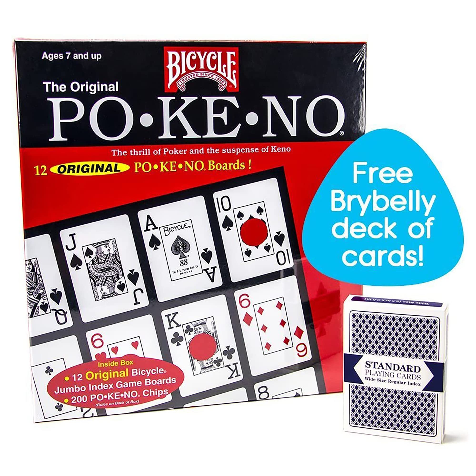 Bicycle Po-Ke-No (Pokeno) Card Game Set | 12 Player Cards, Playing Board, Chips 200 Po-Ke-No, 2 Bicycle Decks of Playing Cards Red and Blue, with an Extra Deck of Brybelly Playing Cards, Red