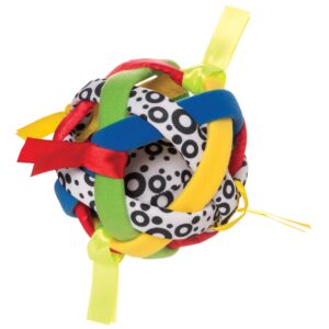 manhattan toy bababall tactile sensory multicolored fabric covered rattle with satin ribbons