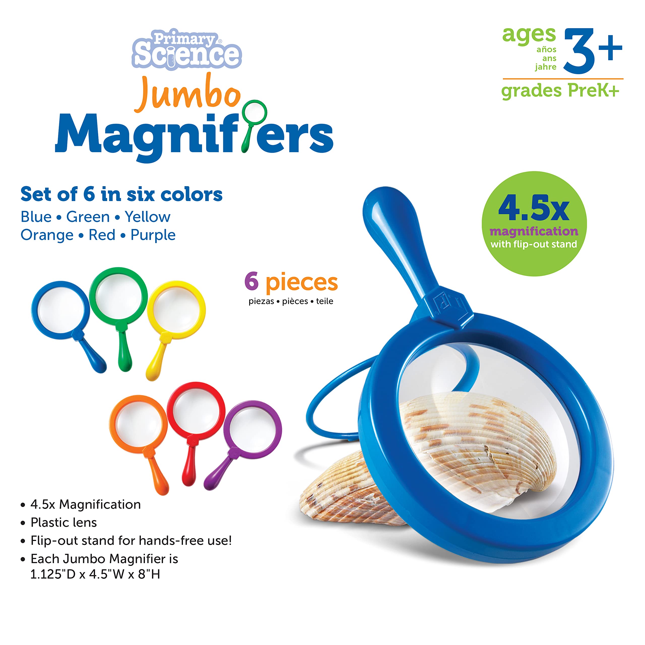 Learning Resources Jumbo Magnifiers - 6 Pieces, Ages 3+ Toddler Learning Toys, Exploration Toys for Kids, Magnifiers for Kids,Back to School Supplies, Teacher Supplies