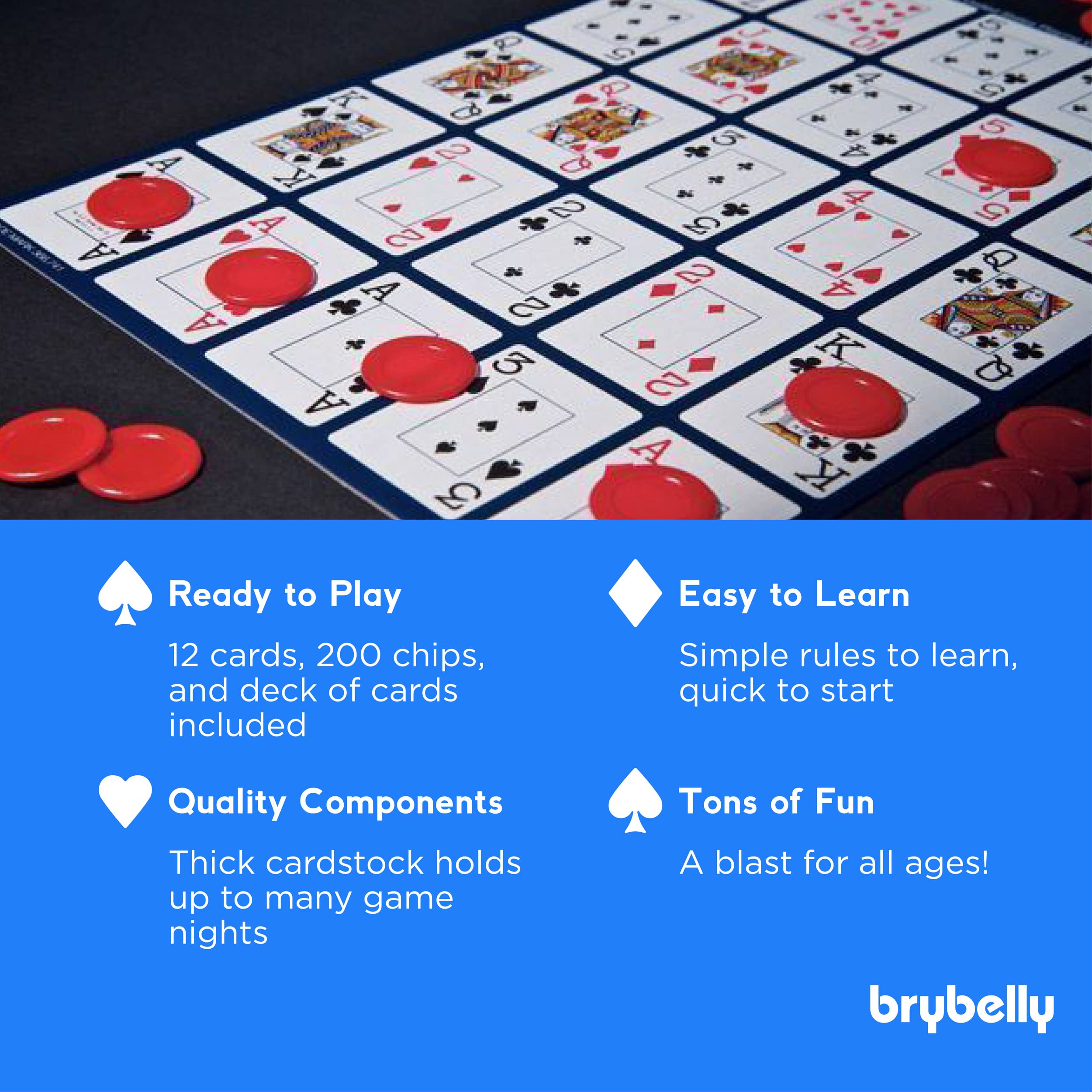 Bicycle Po-Ke-No (Pokeno) Card Game Set | 12 Player Cards, Playing Board, Chips 200 Po-Ke-No, 2 Bicycle Decks of Playing Cards Red and Blue, with an Extra Deck of Brybelly Playing Cards, Red