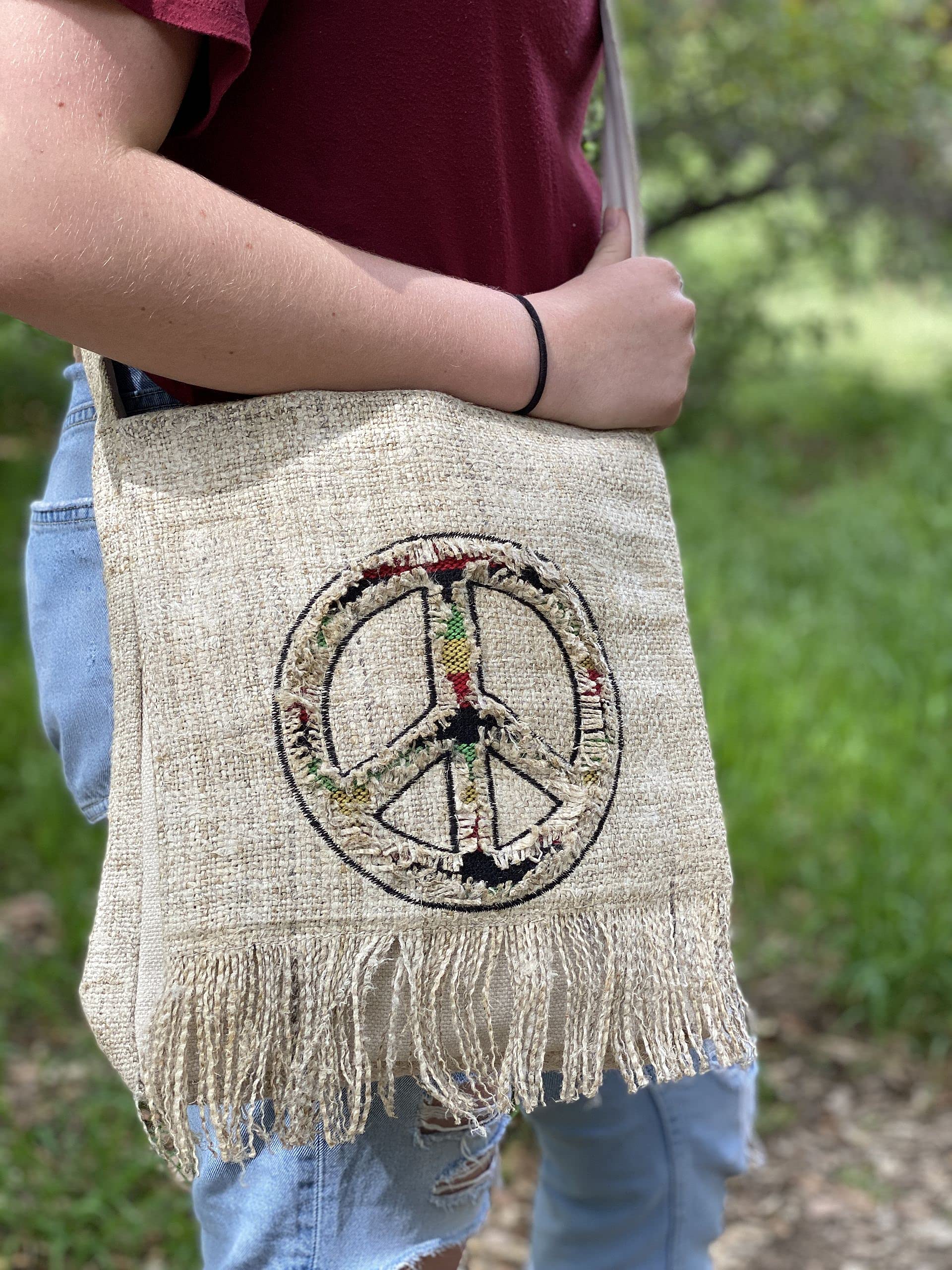 Original Collections Unisex Bohemian 100% Hemp Hippie Peace Sign Crossbody-Messenger-Bag with Rasta Colors