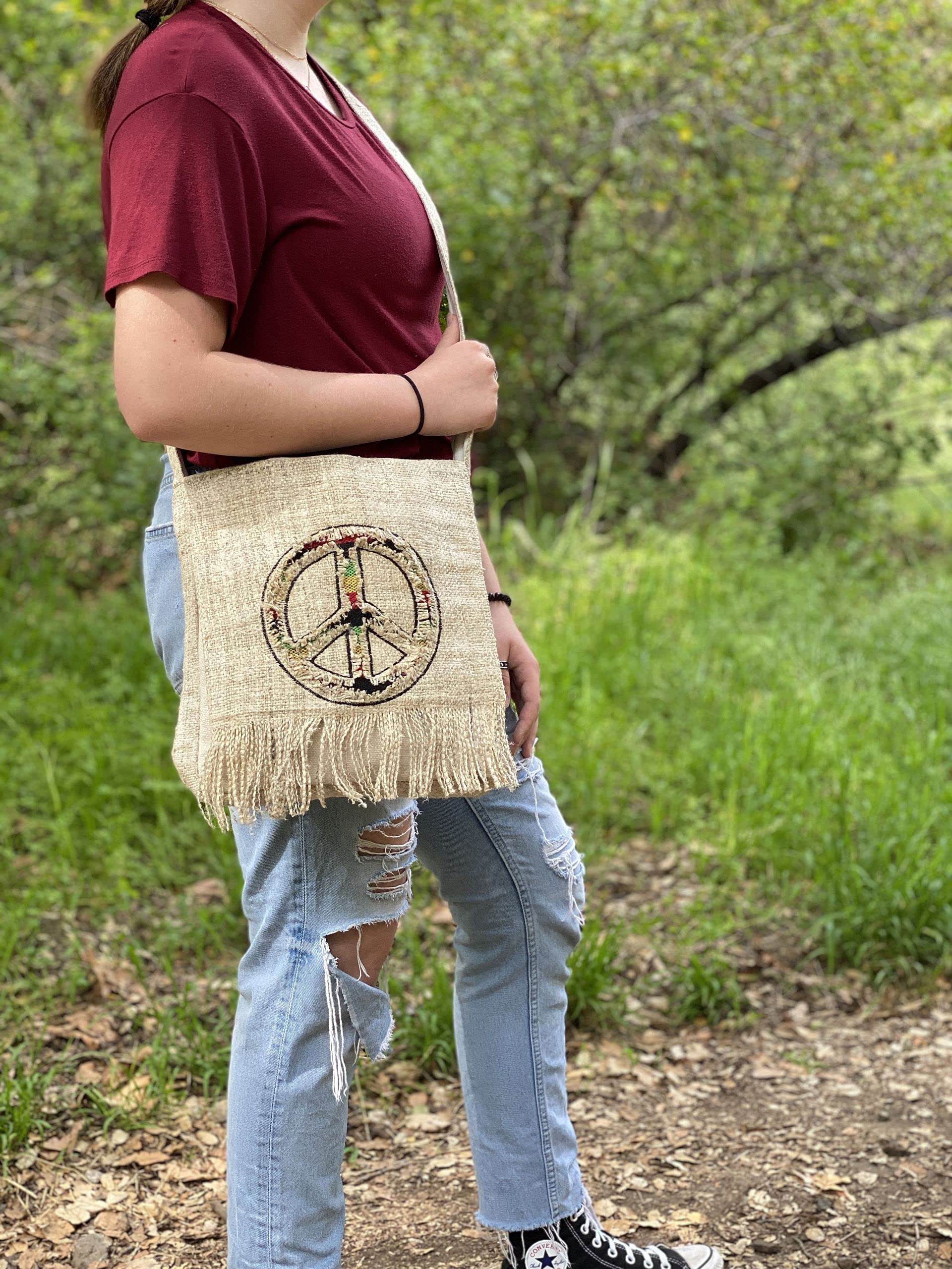 Original Collections Unisex Bohemian 100% Hemp Hippie Peace Sign Crossbody-Messenger-Bag with Rasta Colors