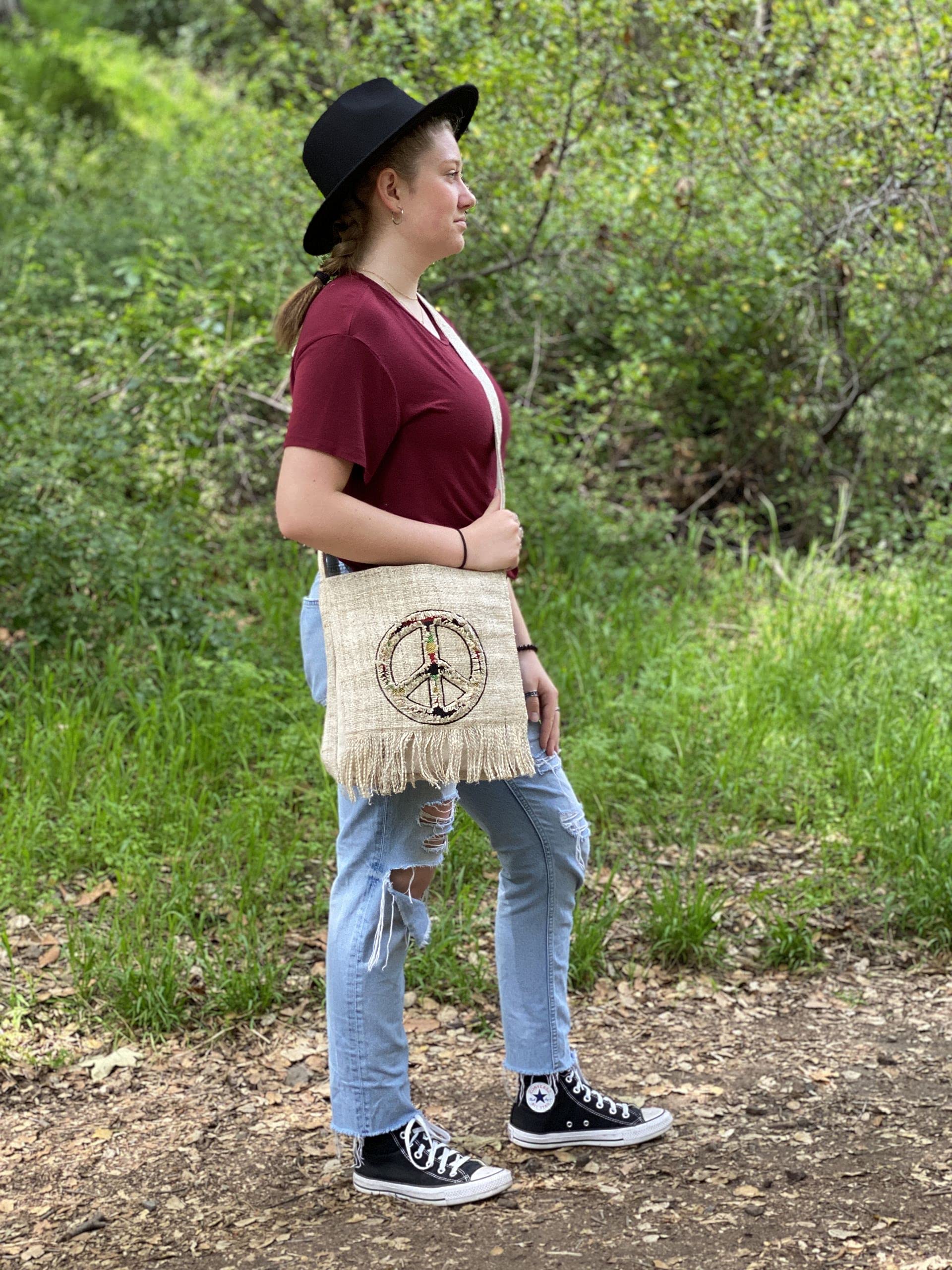 Original Collections Unisex Bohemian 100% Hemp Hippie Peace Sign Crossbody-Messenger-Bag with Rasta Colors