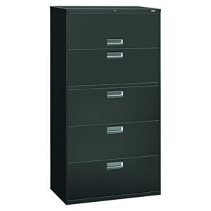 hon brigade 600 series lateral file, 4 legal/letter-size file drawers, 1 roll-out file shelf, charcoal, 36" x 18" x 64.25"