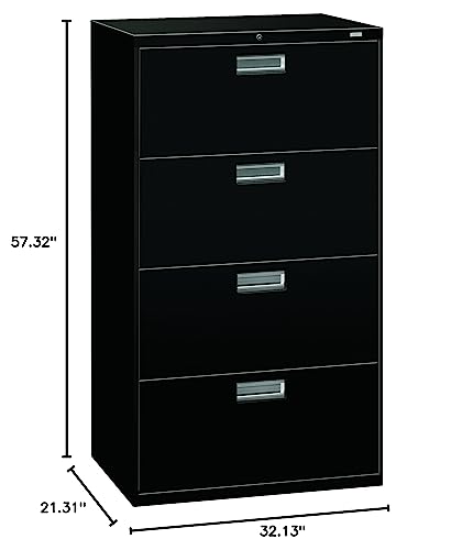 HON Brigade 600 Series Lateral File, 4 Legal/Letter-Size File Drawers, Black, 30" X 18" X 52.5"