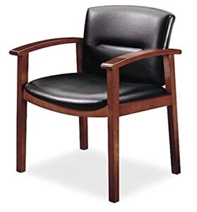 hon park avenue collection vinyl mid-back guest chair with wood frame, fixed arms and mahogany finish, black