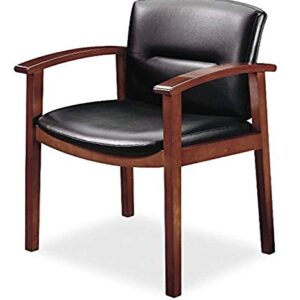 HON Park Avenue Collection Vinyl Mid-Back Guest Chair with Wood Frame, Fixed Arms and Mahogany Finish, Black