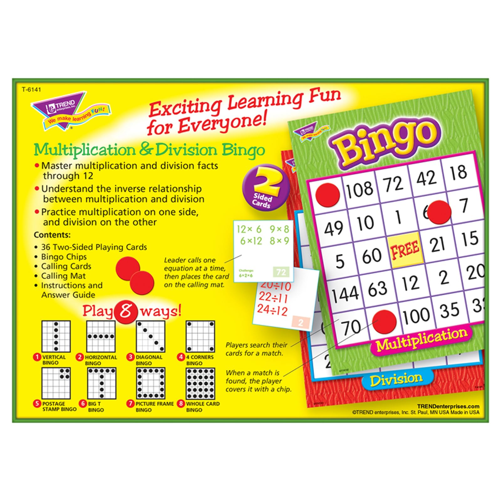 Trend Enterprises: Multiplication & Division Bingo Game, Exciting Way for All to Learn, 2 Games in One! Play 8 Different Ways, Great for Classrooms and at Home, 2 to 36 Players, for Ages 9 and Up