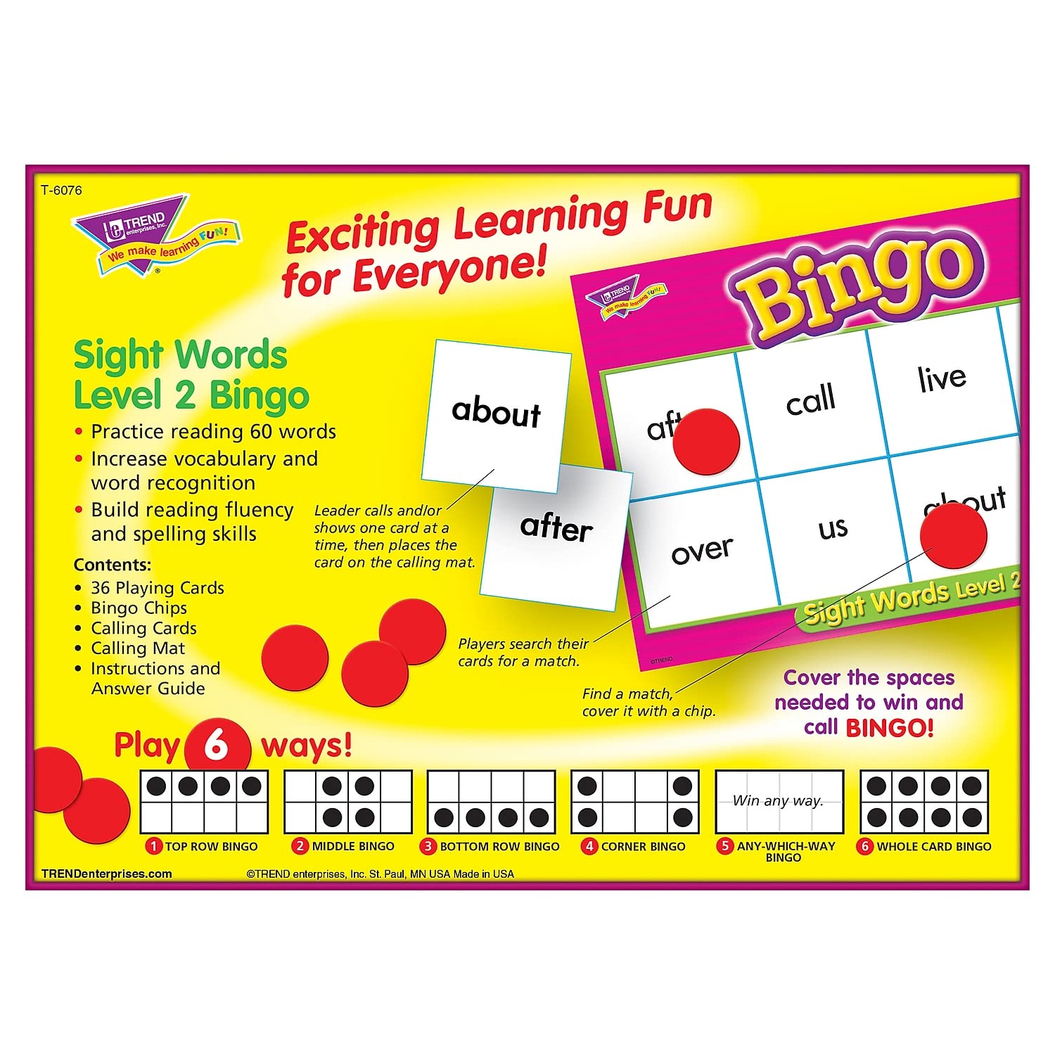 Trend Enterprises: Sight Words Level 2 Bingo Game, Exciting Way for Everyone to Learn, Play 6 Different Ways, Great for Classrooms and at Home, 3 to 36 Players, for Ages 5 and Up