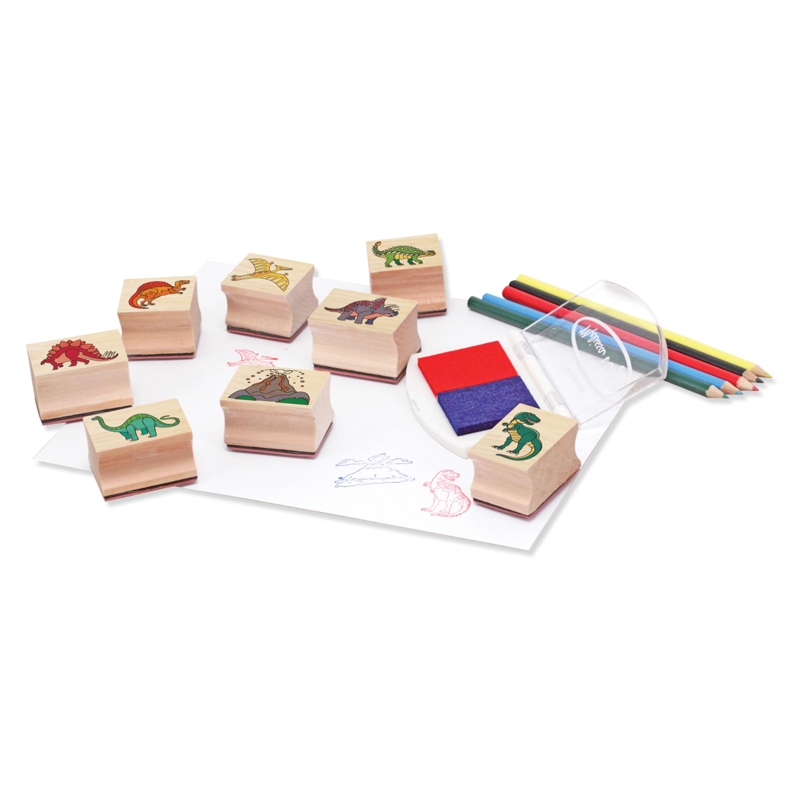 Melissa & Doug Wooden Stamp Set: Dinosaurs - 8 Stamps, 5 Colored Pencils, 2-Color Stamp Pad - FSC Certified