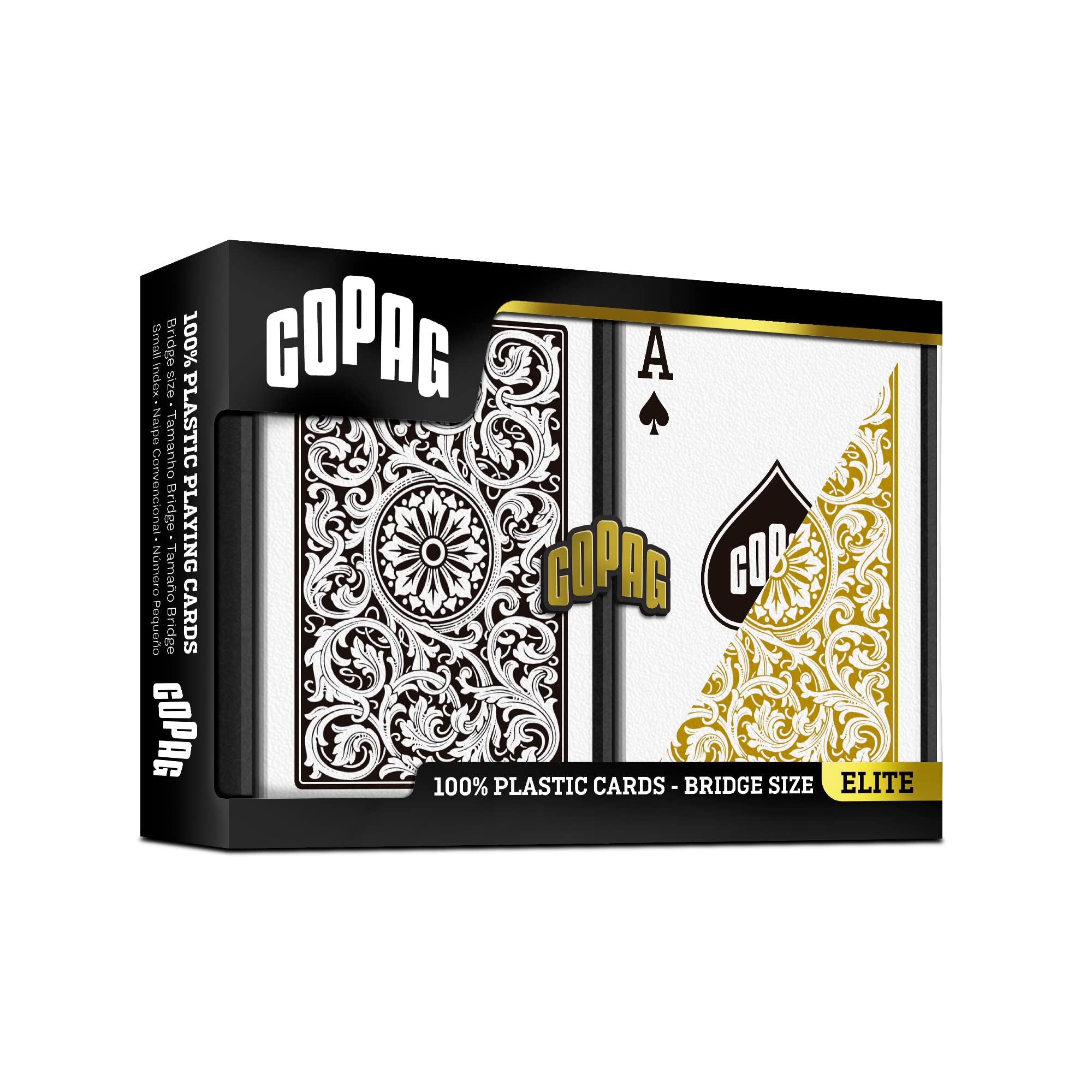 Copag 1546 Design 100% Plastic Playing Cards, Bridge Size (Narrow) Black/Gold (Standard Index, 1 Set)