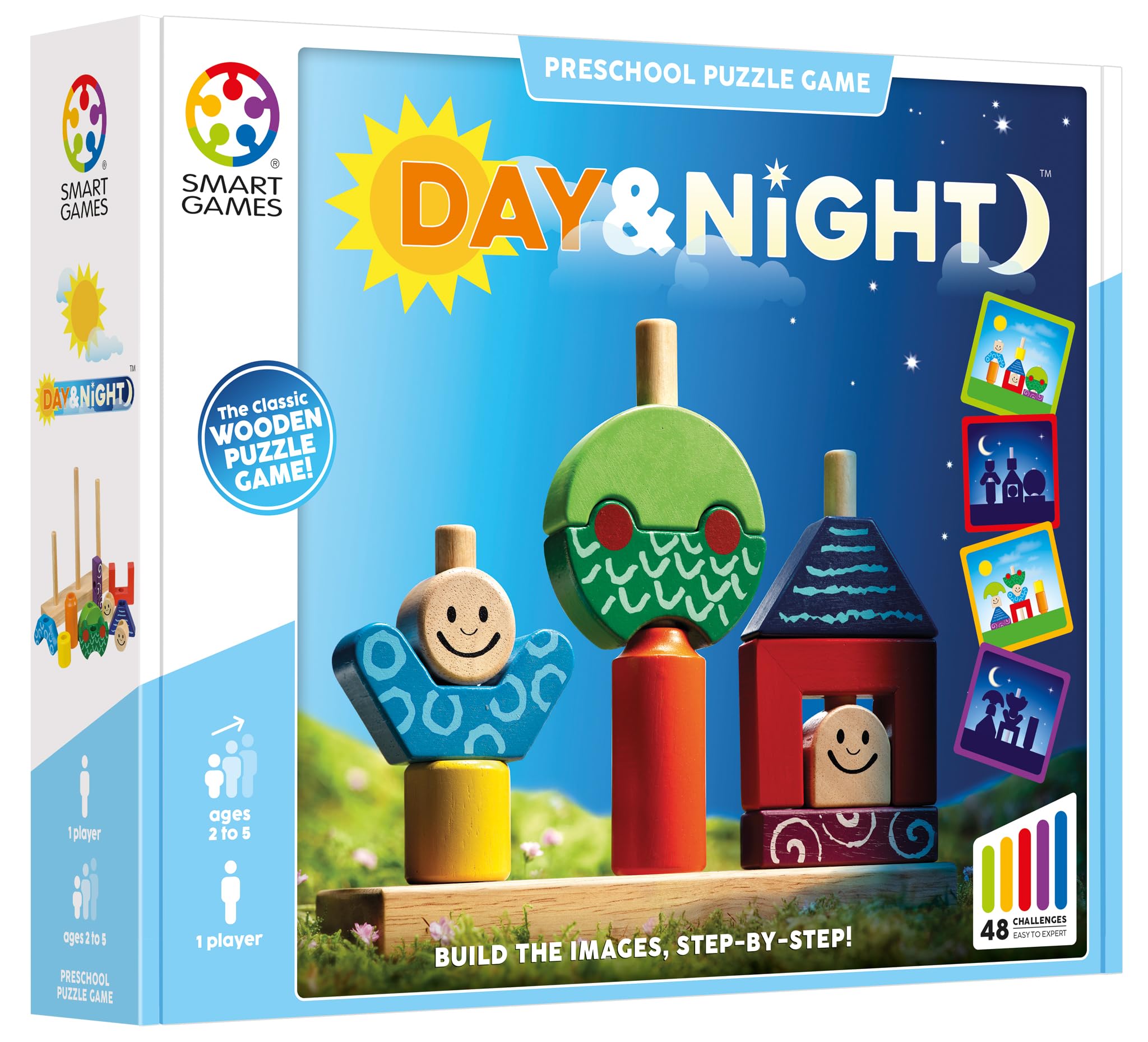 SmartGames Day & Night Wooden Cognitive Skill-Building Puzzle Game Featuring 48 Playful Challenges for Ages 2+