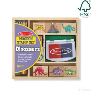 Melissa & Doug Wooden Stamp Set: Dinosaurs - 8 Stamps, 5 Colored Pencils, 2-Color Stamp Pad - FSC Certified