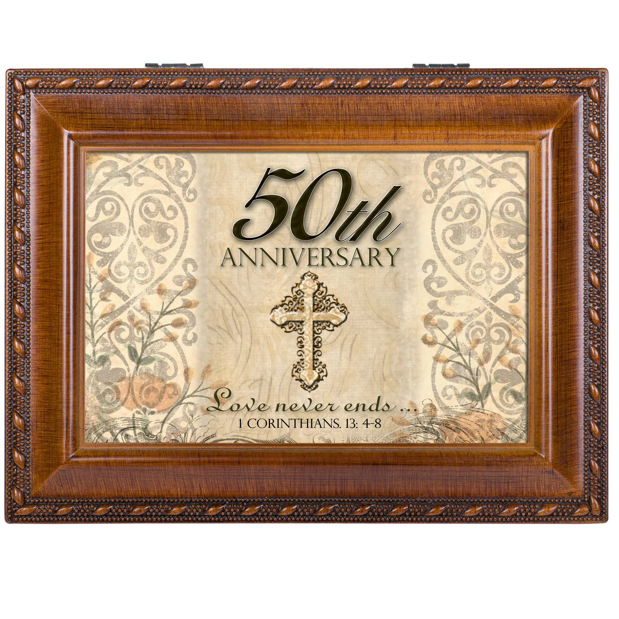 Cottage Garden 50th Anniversary Woodgrain Rope Trim Inspirational Music Box Plays Song Ave Maria