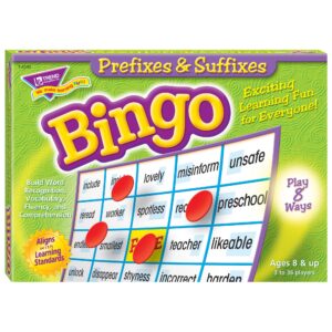 trend enterprises: prefixes & suffixes bingo game, exciting way for everyone to learn, play 8 different ways, great for classrooms and at home, 2 to 36 players, for ages 8 and up