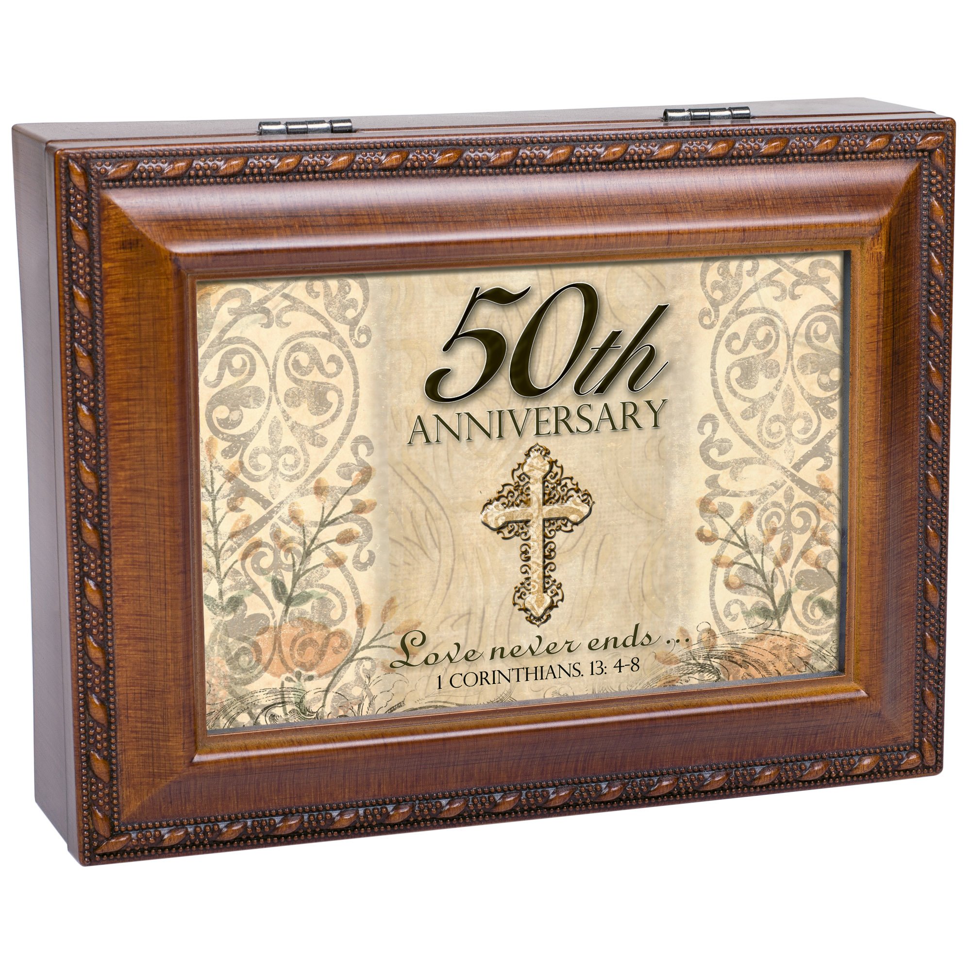 Cottage Garden 50th Anniversary Woodgrain Rope Trim Inspirational Music Box Plays Song Ave Maria