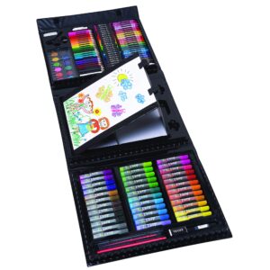 art 101 usa budding artist 154 pc junior artist trifold easel set, includes markers, crayons, oil pastels, watercolor paints, and colored pencils, case, pop up easel, portable art studio , white