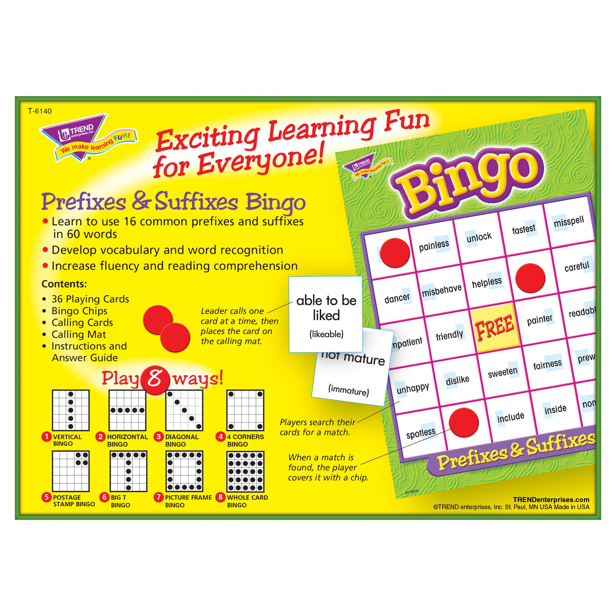 TREND ENTERPRISES: Prefixes & Suffixes Bingo Game, Exciting Way for Everyone to Learn, Play 8 Different Ways, Great for Classrooms and At Home, 2 to 36 Players, For Ages 8 and Up