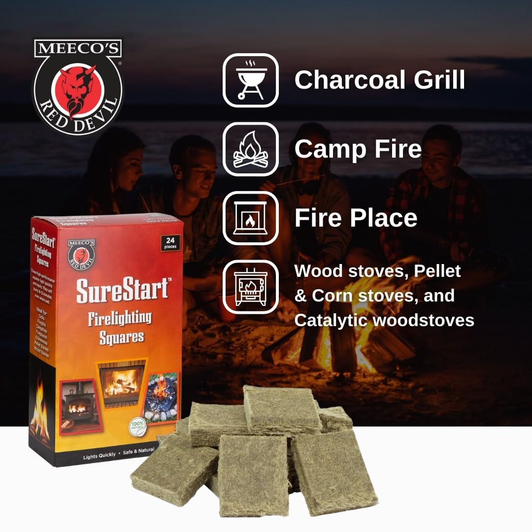 MEECO'S RED DEVIL Surestart® Firelighting Squares Pack of 24 - Quick Lighting for Indoor/Outdoor Fireplaces, Wood Stoves, Pellet Stoves, Campfires, Fire Pits, Smoker Grills, & Pizza Ovens