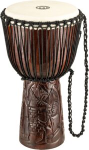 meinl percussion proadj2-l professional 12-inch african style rope tuned mahogany djembe with goat skin head, -inchvillage-inch carving