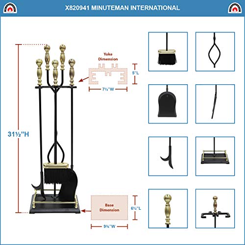 Minuteman International Oxford 5-piece Fireplace Tool Set, Polished Brass and Black