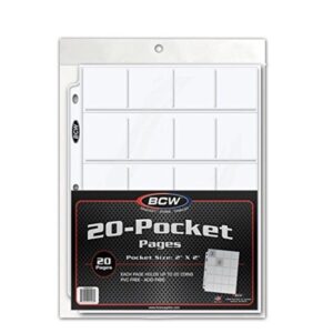 bcw pro 20-pocket page – 20ct | acid-free, archival quality storage for 2"x2" cards, coins, or slides | coin and slide storage sheets | compatible with standard 3-ring binders