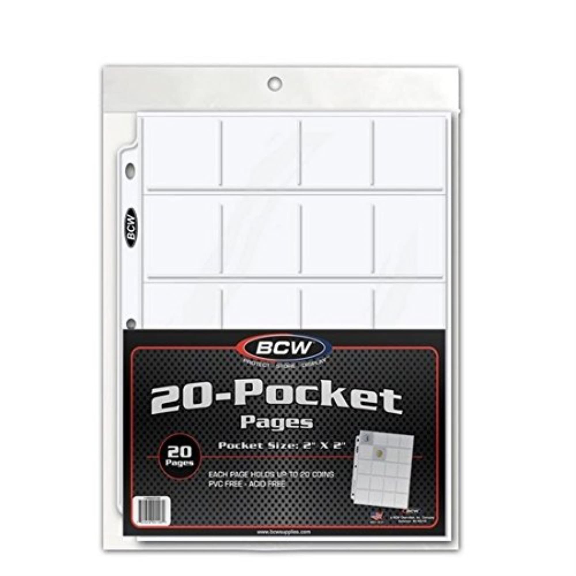 BCW Pro 20-Pocket Page – 20ct | Acid-Free, Archival Quality Storage for 2"x2" Cards, Coins, or Slides | Coin and Slide Storage Sheets | Compatible with Standard 3-Ring Binders