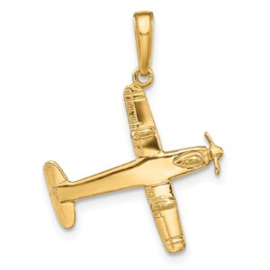 14K Gold Polished 3D Low-Wing Airplane Pendant Jewelry