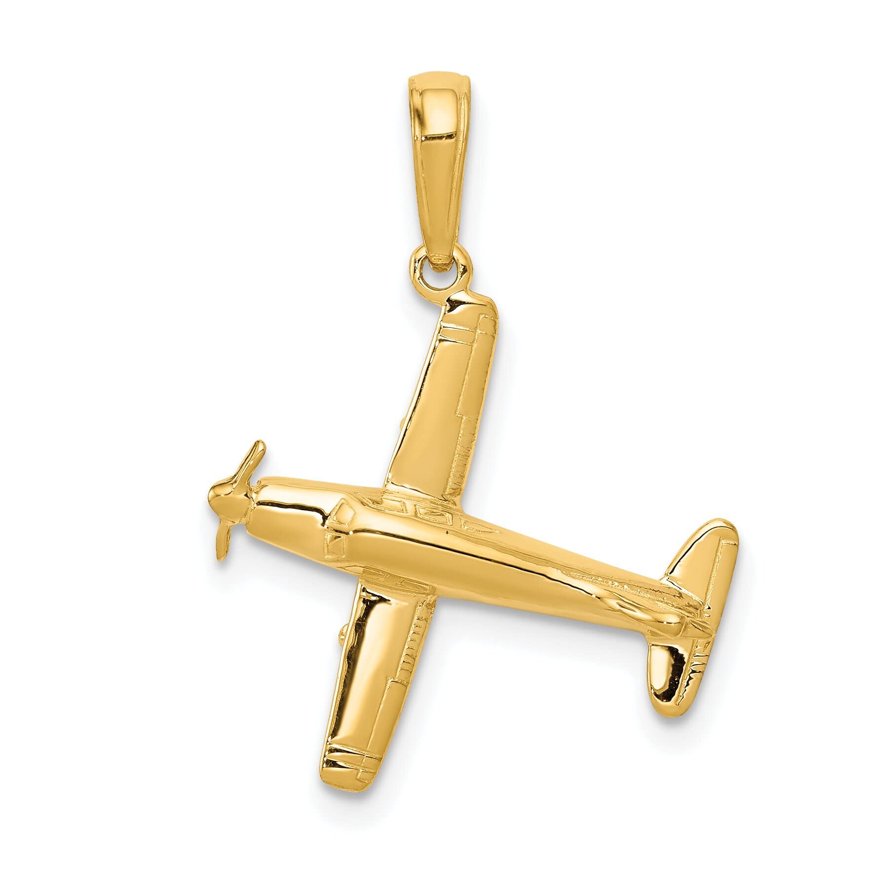 14K Gold Polished 3D Low-Wing Airplane Pendant Jewelry