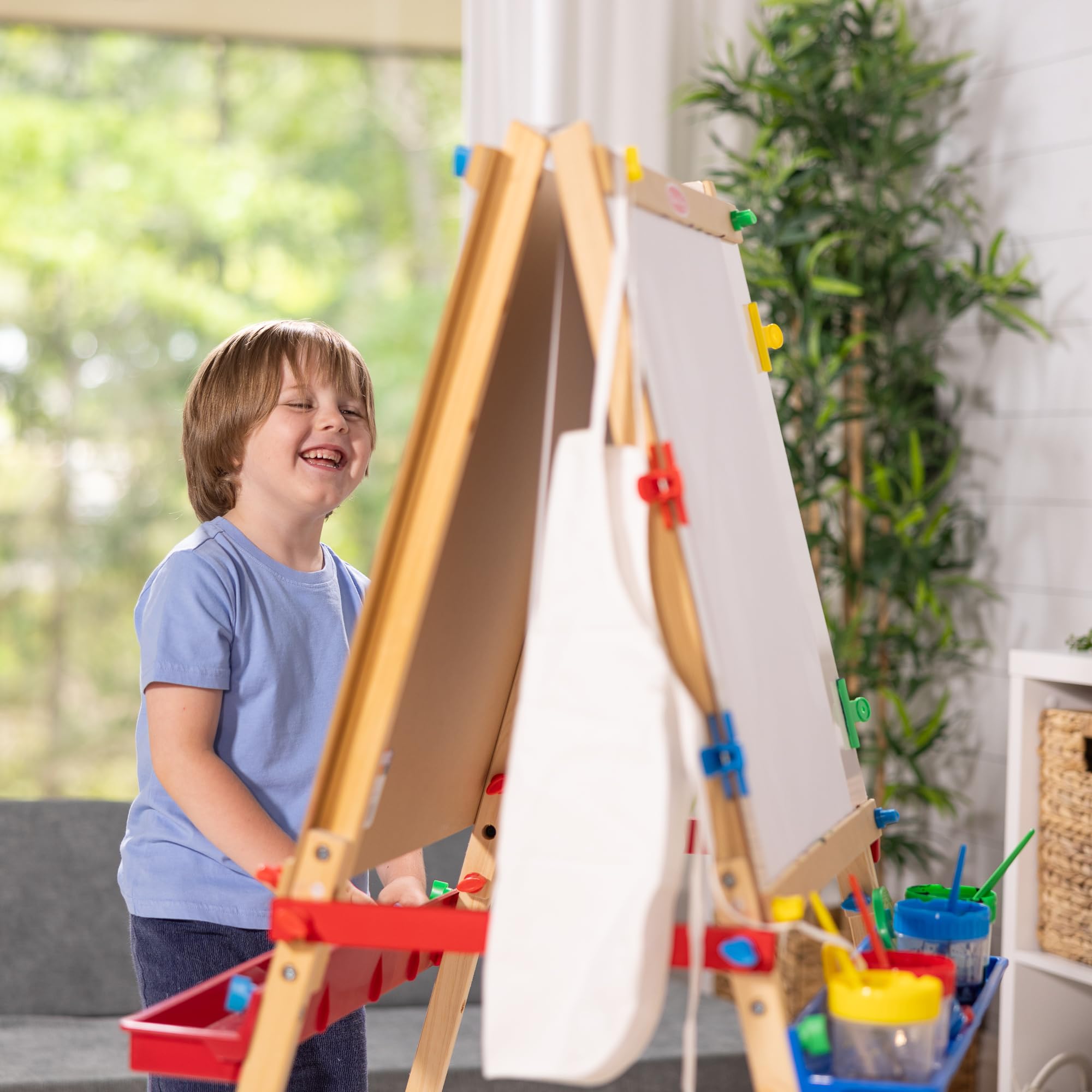 Melissa & Doug Deluxe Standing Art Easel - Dry-Erase Board, Chalkboard, Paper Roller - FSC Certified, 27"D x 26"W x 47"H