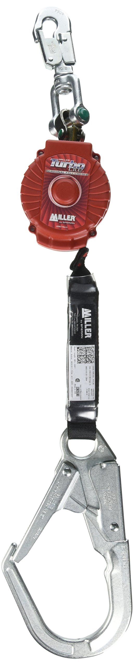 Miller by Honeywell MFL-8/6FT TurboLite Personal Fall Limiter with D-Ring Swivel Hook and Locking Rebar Hook