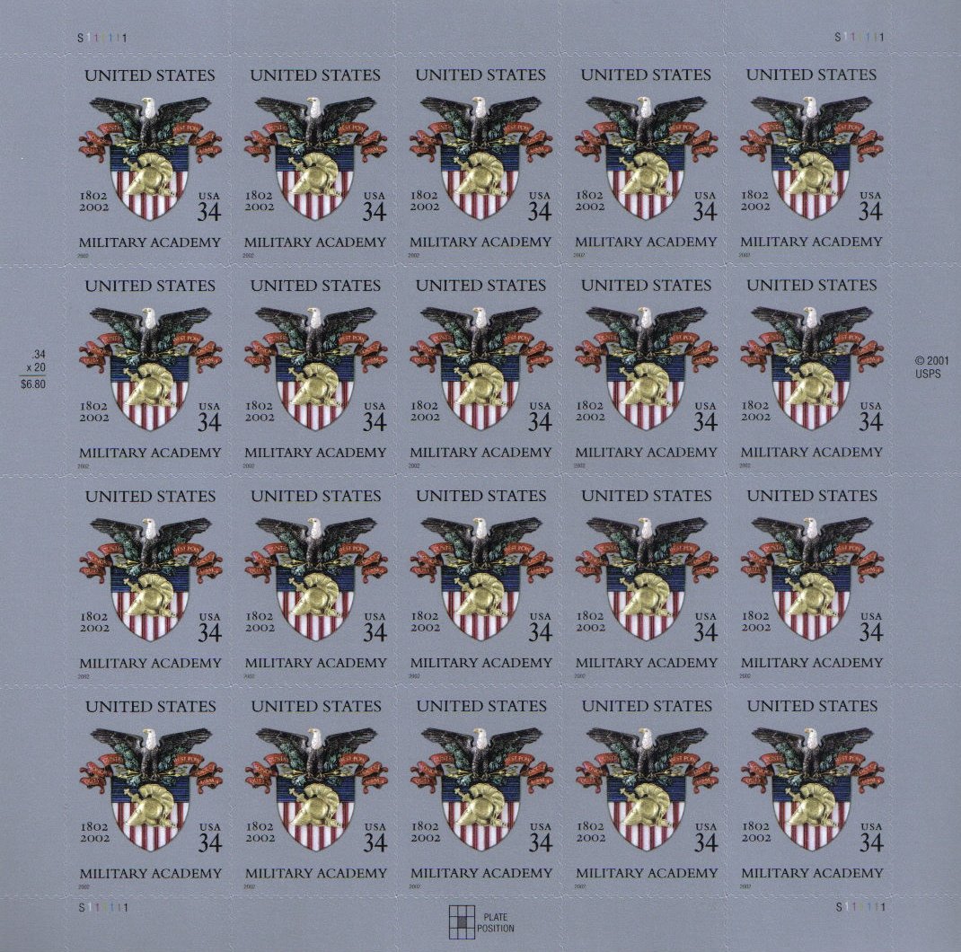 UNITED STATES MILITARY ACADEMY ~ WEST POINT #3560 Pane of 20 x 34 cents US Postage Stamps