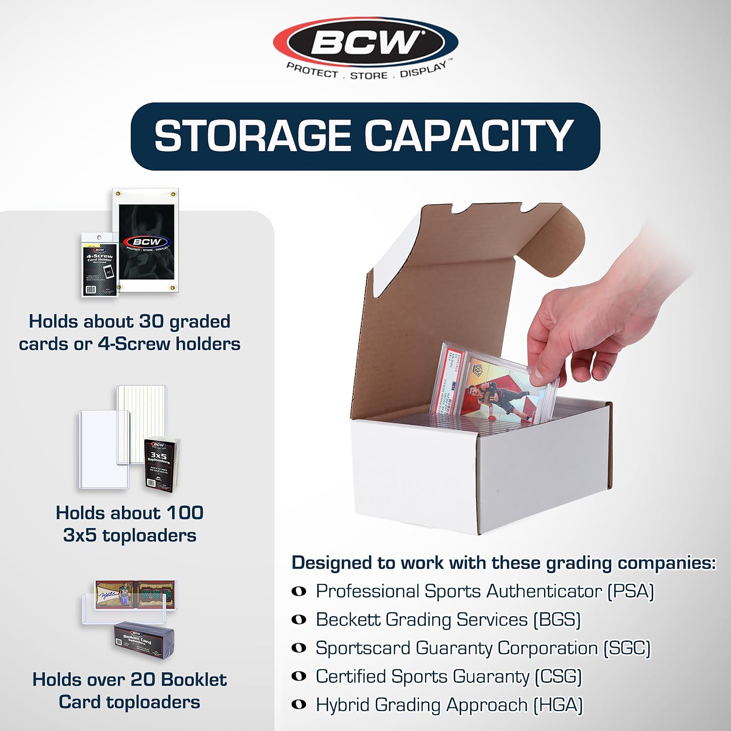 BCW Graded Card Storage Box - 1ct | Sports and Trading Card Holder for 30 Graded Cards & 100 Toploaders | Durable Corrugated Paper | Fits PSA, BGS, SGC, CSG, HGA Graded Cards, Screw Holders, etc