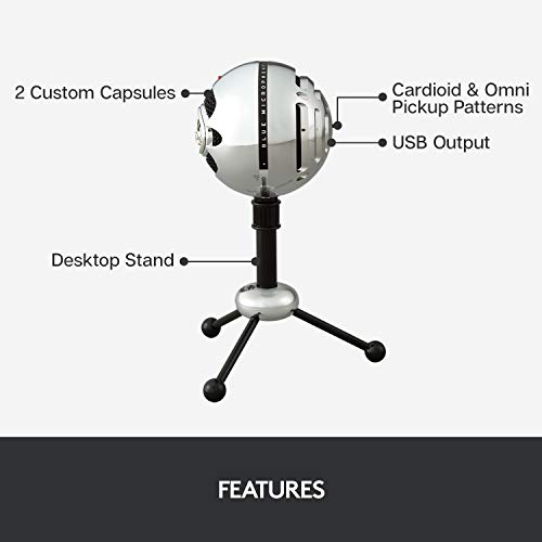 Logitech for Creators Blue Snowball USB Microphone for PC, Mac, Gaming, Streaming, Podcasting, Condenser Mic with Cardioid and Omnidirectional Pickup Patterns, Retro Design – Brushed Aluminum