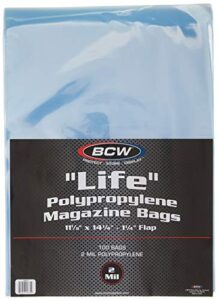 bcw life magazine bags -1 pack of 100 | crystal clear polypropylene | acid-free archival quality | protect and store collectible life magazines | exterior 11 1/8 x 14 1/4