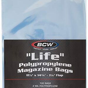 BCW Life Magazine Bags -1 Pack of 100 | Crystal Clear Polypropylene | Acid-Free Archival Quality | Protect and Store Collectible Life Magazines | Exterior 11 1/8 x 14 1/4