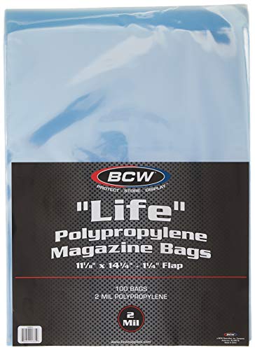 BCW Life Magazine Bags -1 Pack of 100 | Crystal Clear Polypropylene | Acid-Free Archival Quality | Protect and Store Collectible Life Magazines | Exterior 11 1/8 x 14 1/4