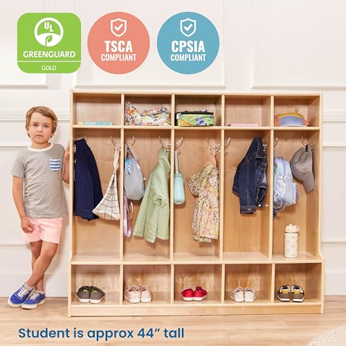 ECR4Kids 5-Section Coat Locker with Bench, Classroom Furniture, Natural