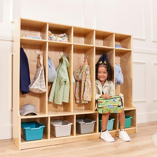 ECR4Kids 5-Section Coat Locker with Bench, Classroom Furniture, Natural