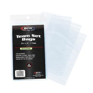 bcw resealable team set bags - 100 ct | archival quality polypropylene | holds 35 standard cards | toploader and magnetic holder compatible | acid-free sealing solution for trading card collections