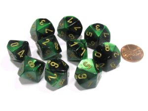 chessex dice sets: gemini black & green with gold - ten sided die d10 set (10)